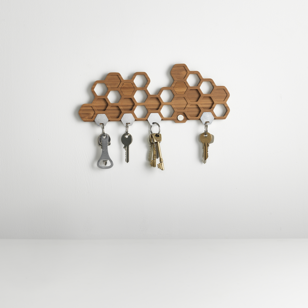 Honeycomb Bamboo Key Holder – Magnetic Wall-Mounted Key Rack – BU Products